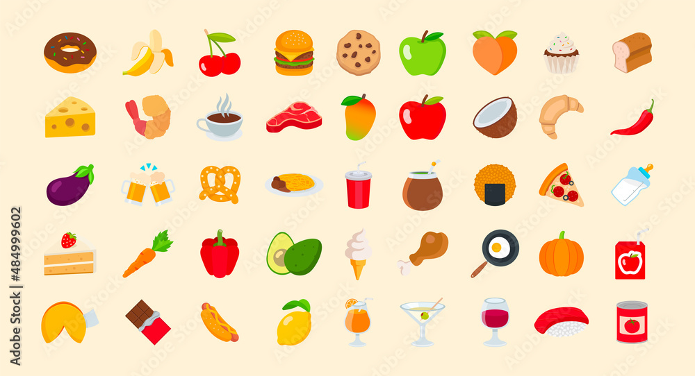 Food and beverages, fruits symbols, emojis, emoticons, stickers, icons ...