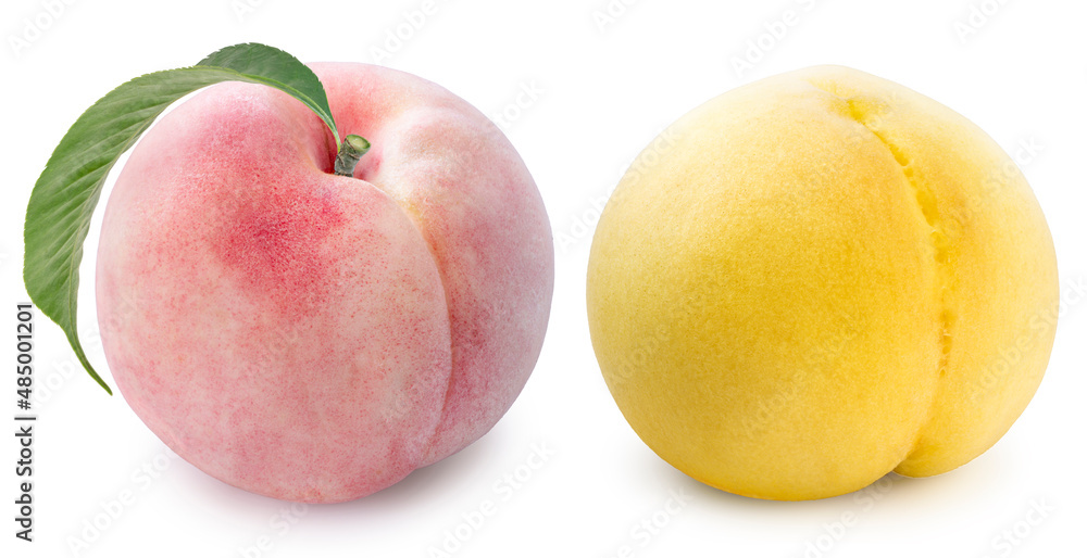 Yellow and Pink Peach fruit with leaf isolated on white background ...