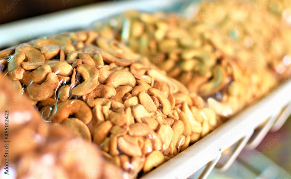 Roasted cashew nuts on display in a local store in the Palawan island ...