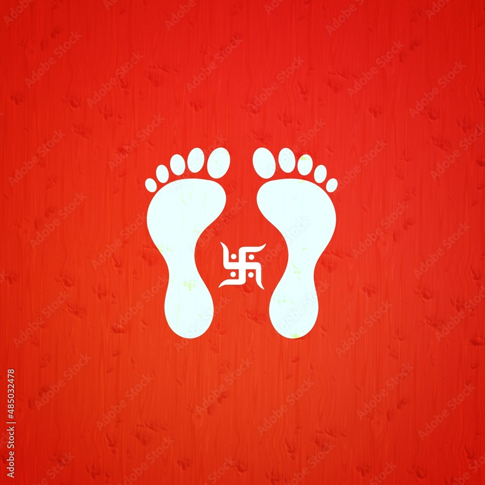 Hindu goddess Lakshmi feet and Swastik in center with red background ...