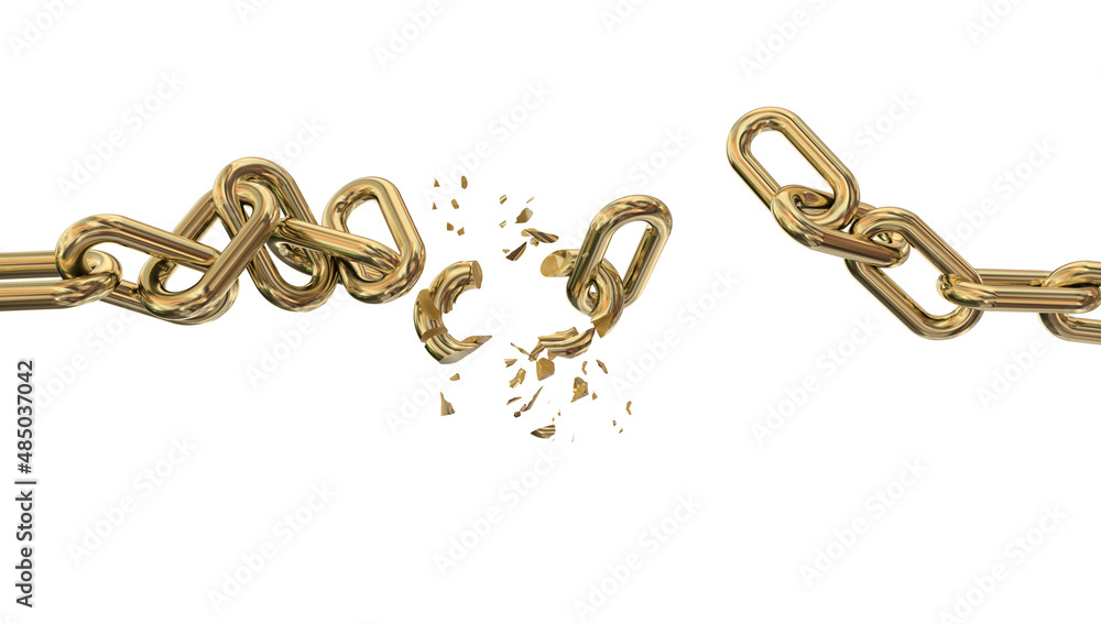 gold golden chain breaking in pieces horizontal isolated in white ...