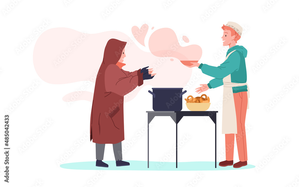 Giving food for homeless hungry people. Charity feeding shelter center ...