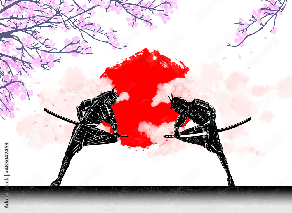 Two samurai attack each other, drawing their swords from their ...
