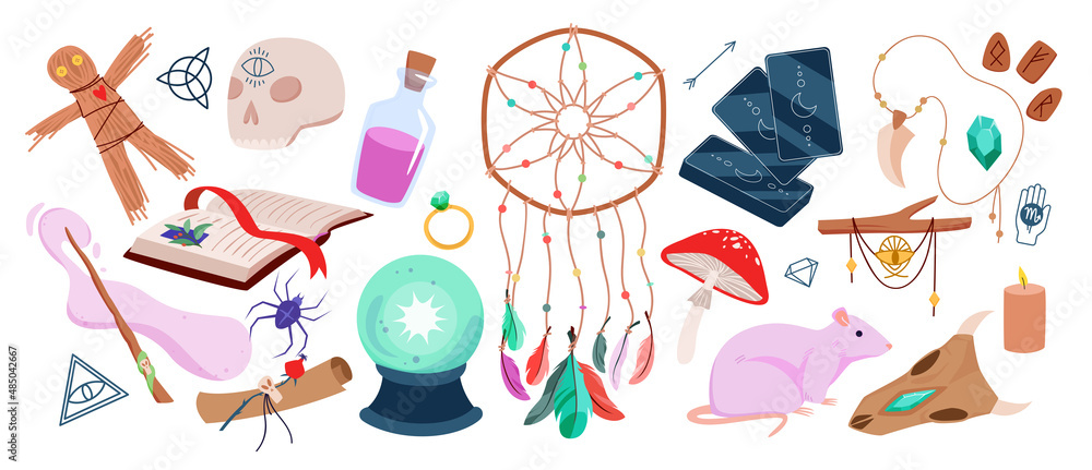 Mystical and magical set with diverse object for wizardry rituals ...