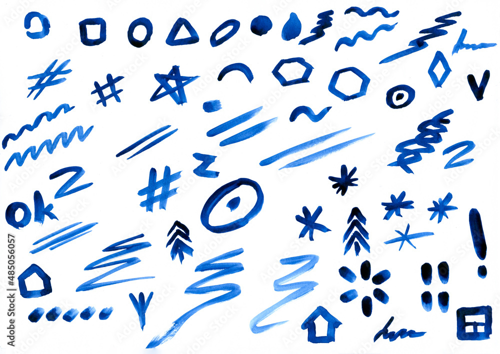 Scruffy watercolor blue symbols isolated on white background. Sketches ...