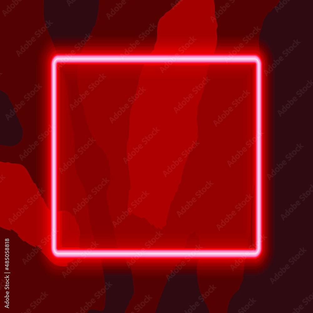 Red neon square frame with shining effects on dark background. Empty frame with neon effects ...