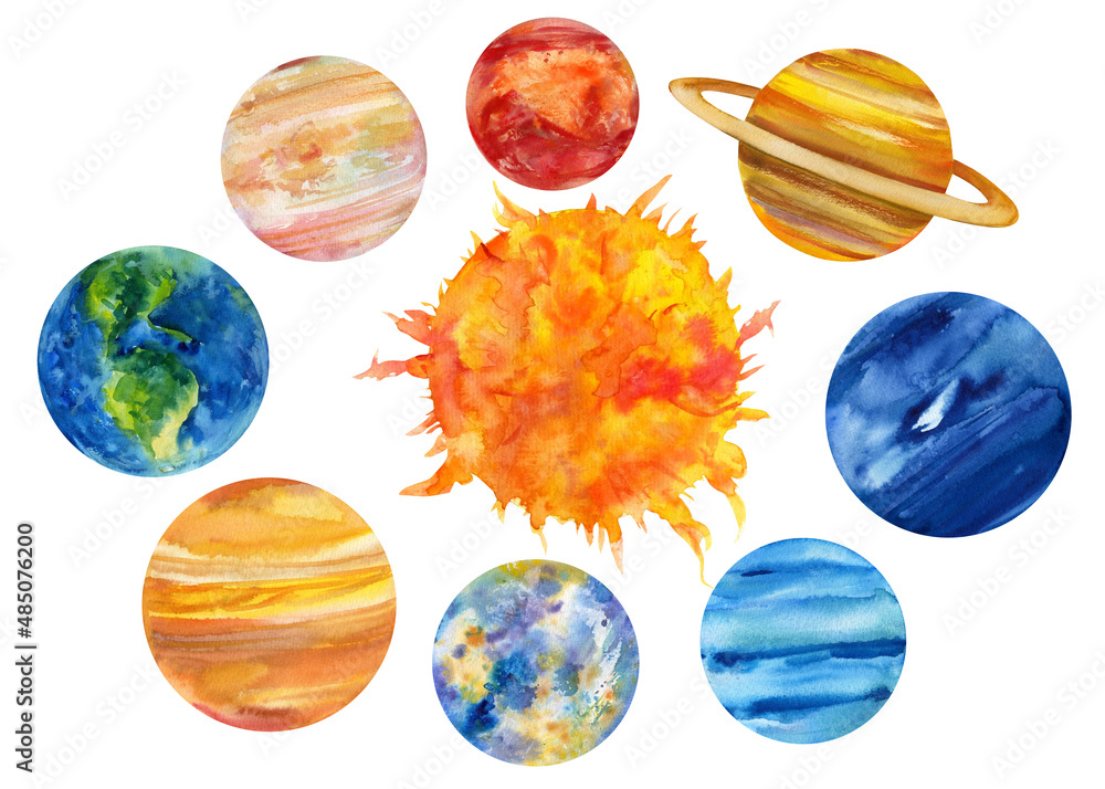 Solar system, watercolor planets, isolated white background, hand ...