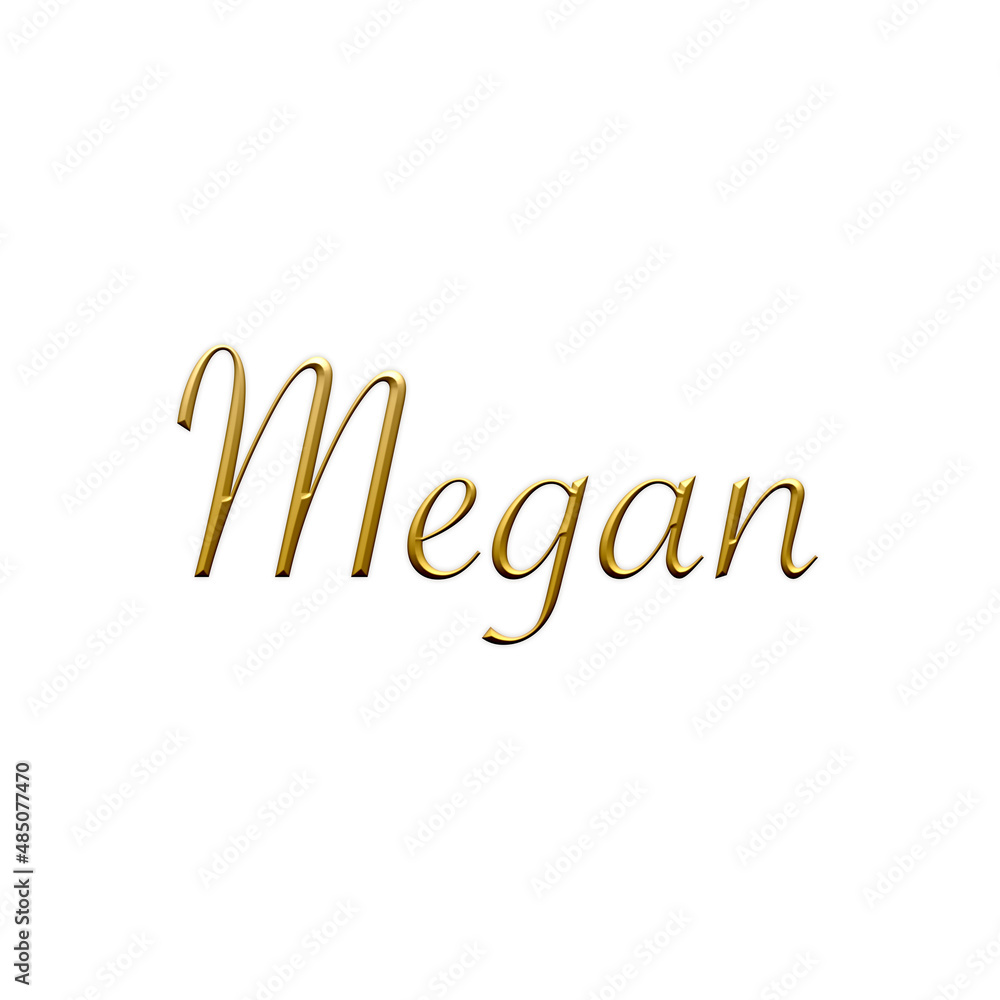 Megan - Female name . Gold 3D icon on white background. Decorative font ...