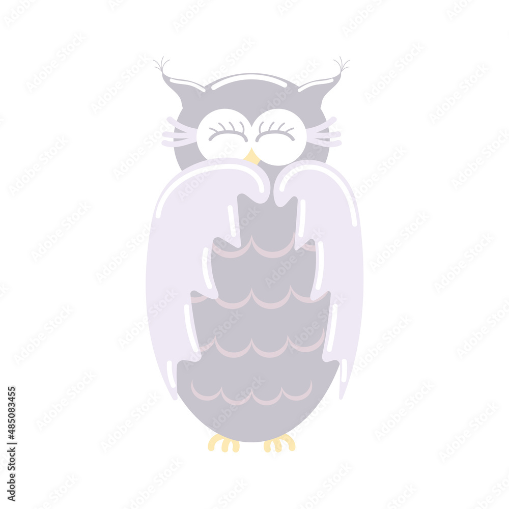 Cute blue owl with sly eyes and tassels on the ears. Hand-drawn ...
