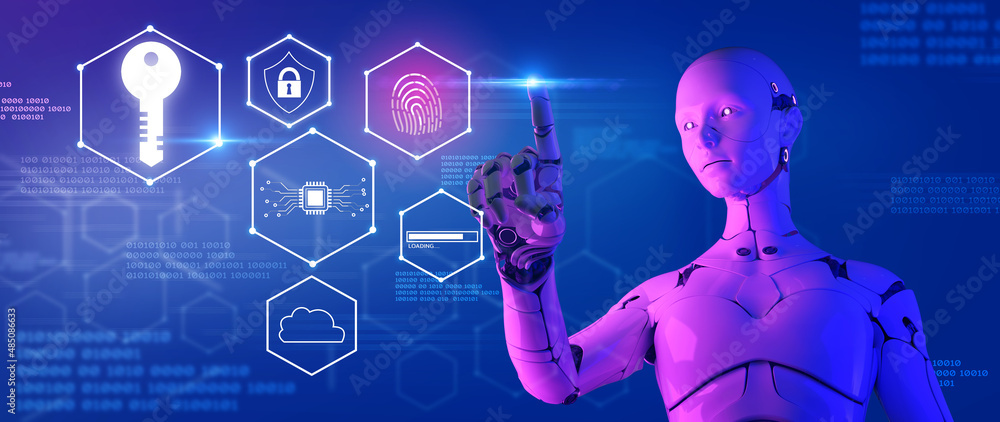 Cybersecurity, cybercrime, internet scam, 3D robot digital network ...