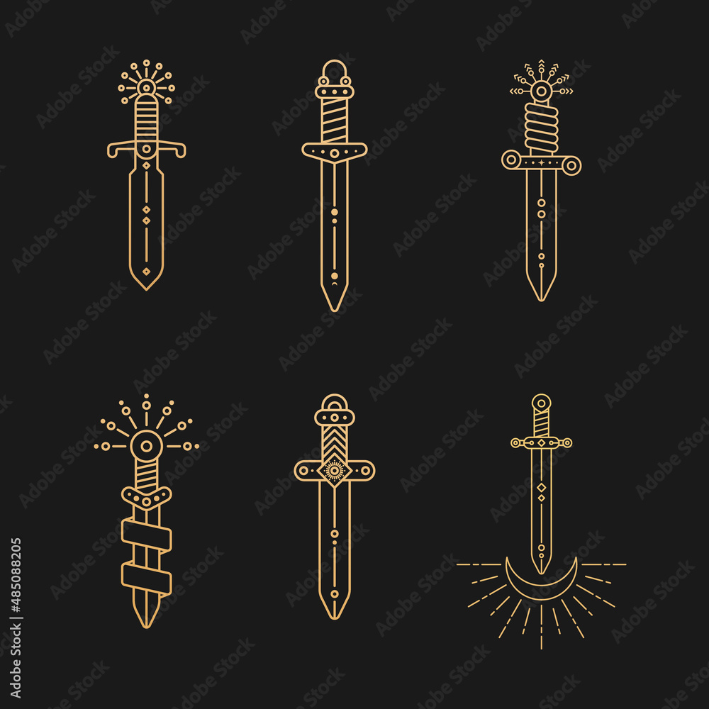 Sword line art set. Minimal linear symbols. Celestial mystic element ...