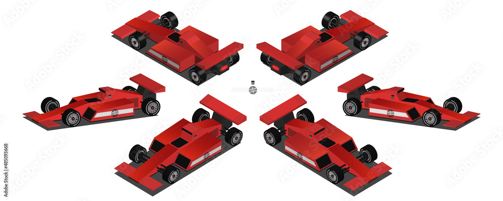 3d set of red low poly sports fast cars in six projections. Vehicle of ...