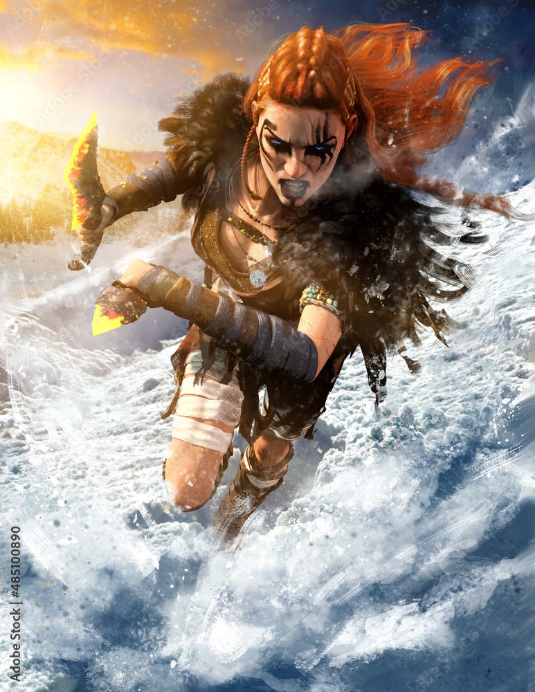 A fierce and beautiful barbarian woman is rapidly running into battle ...