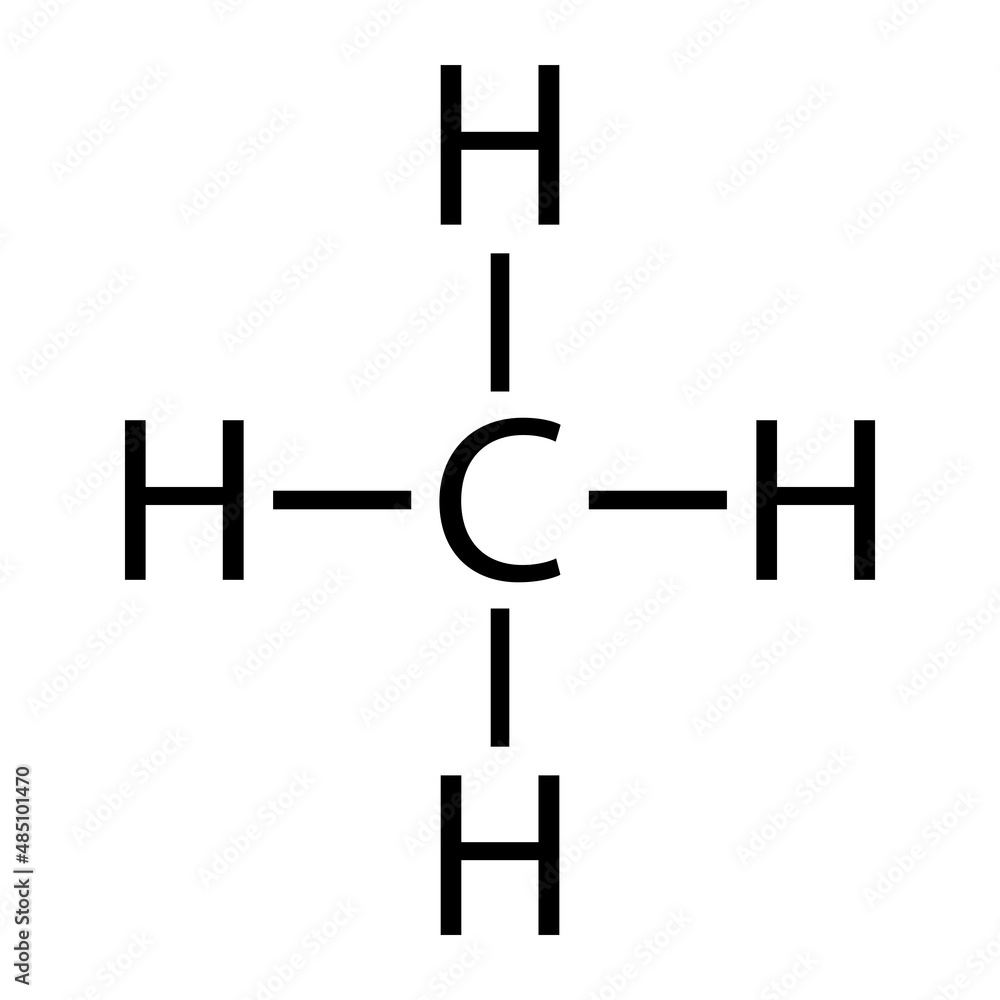 Methane gas molecule. Stick model, structural chemical formula ...