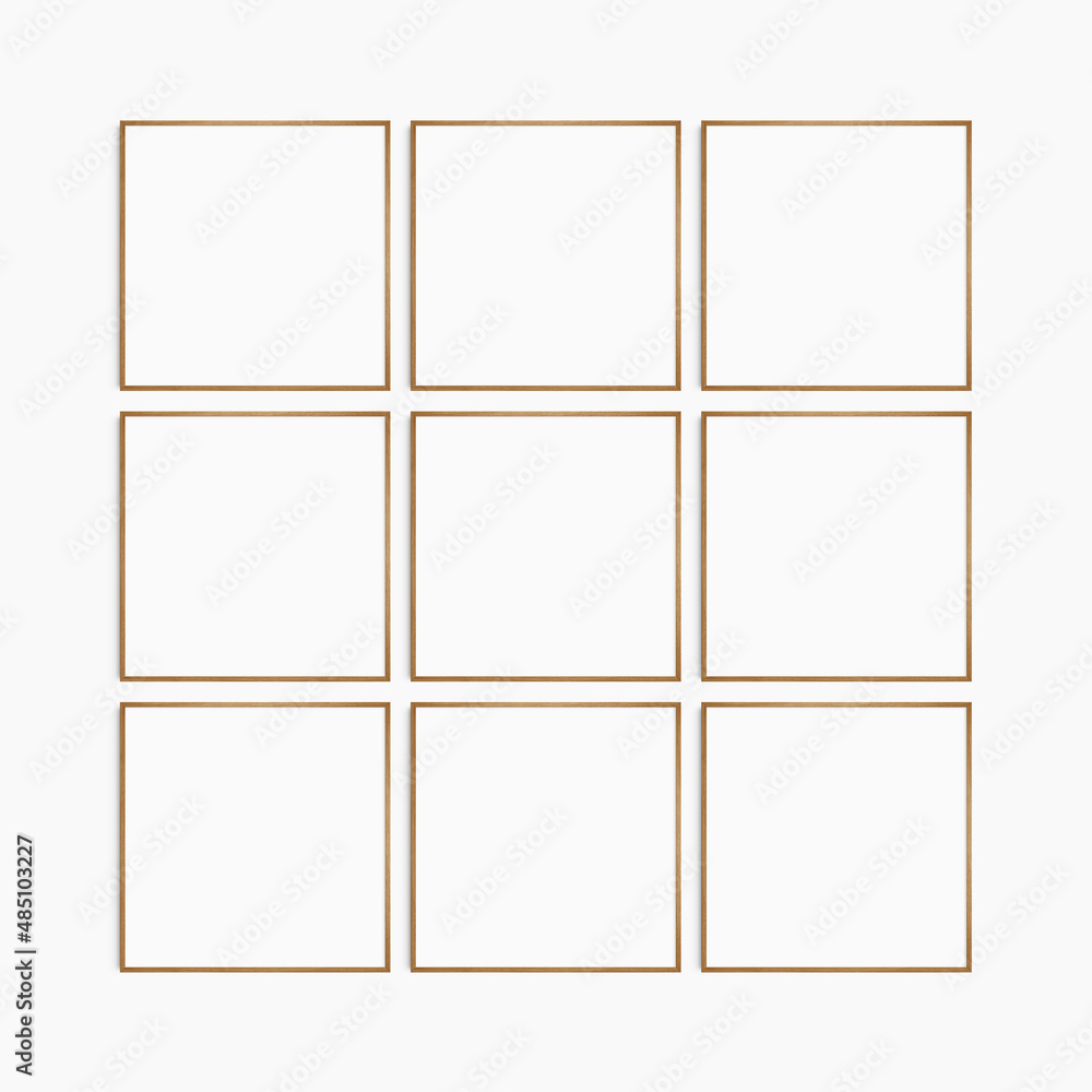 Frame mockup 1:1 square. Set of nine thin cherry wood frames. Clean ...