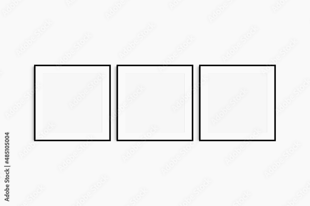 Frame mockup 1:1 square. Set of three thin black square frames. Clean ...