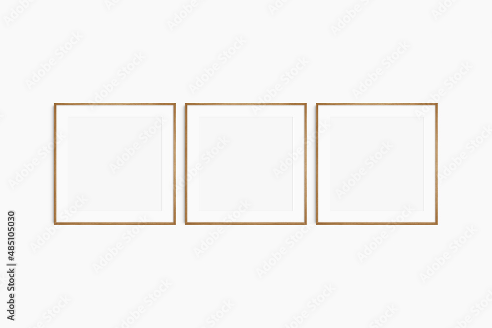 Frame mockup 1:1 square. Set of three thin cherry wood frames. Clean ...