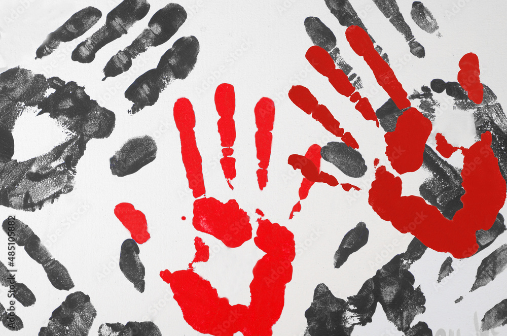 Bloody handprints on a white background. Symbol of a crime and its ...