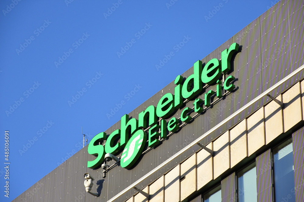 Scheider Electric logo, signage on the facade of Schneider Electric ...