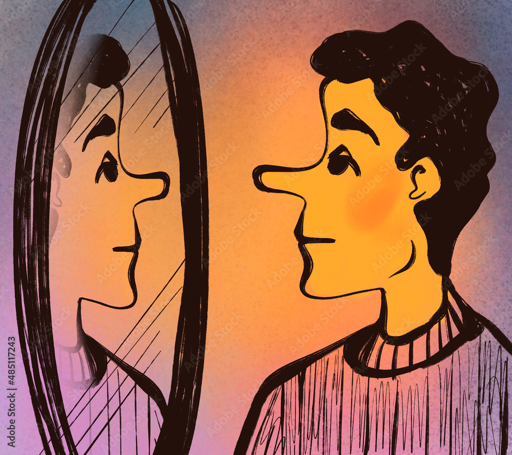cartoon illustration. a man looking in the mirror. reflection and ...