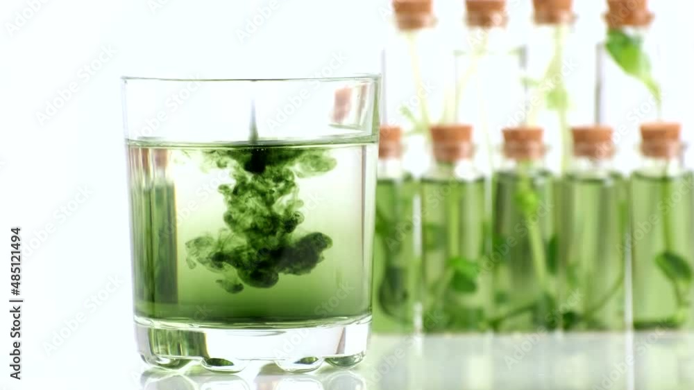 Concept of superfood, detox, diet, healthy food. Test tubes with micro ...