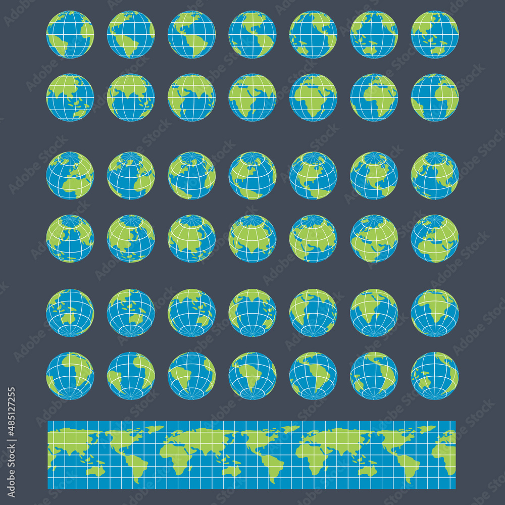 Earth Globes set. Planet Earth turnaround, rotation at different angles ...