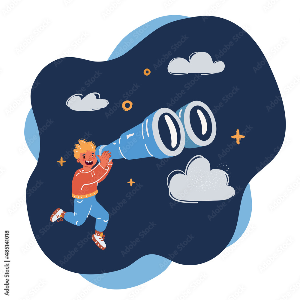 Cartoon vector illustration of little boy kid looking through ...