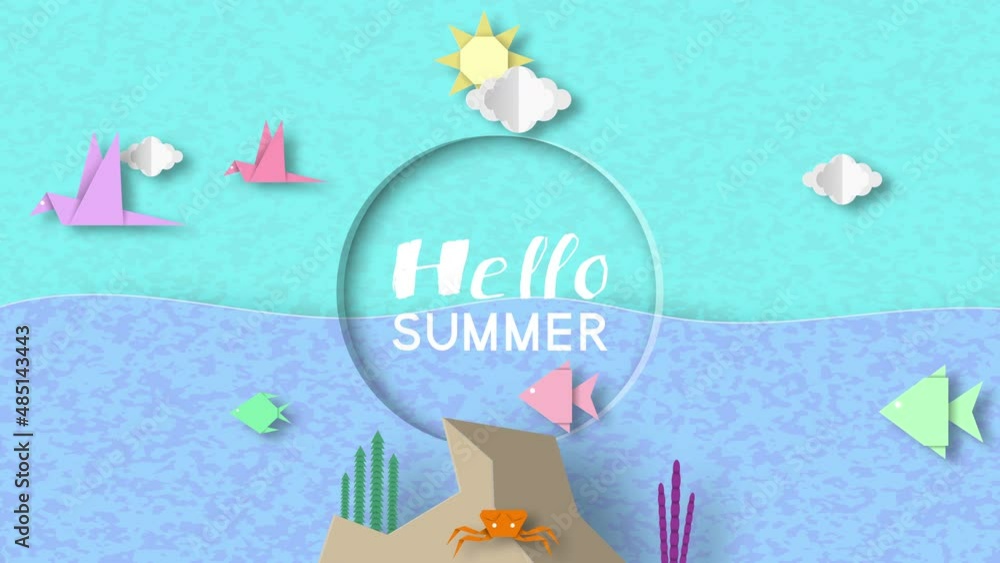 Hello Summer handwriting text with paper origami figures. Colorful ...