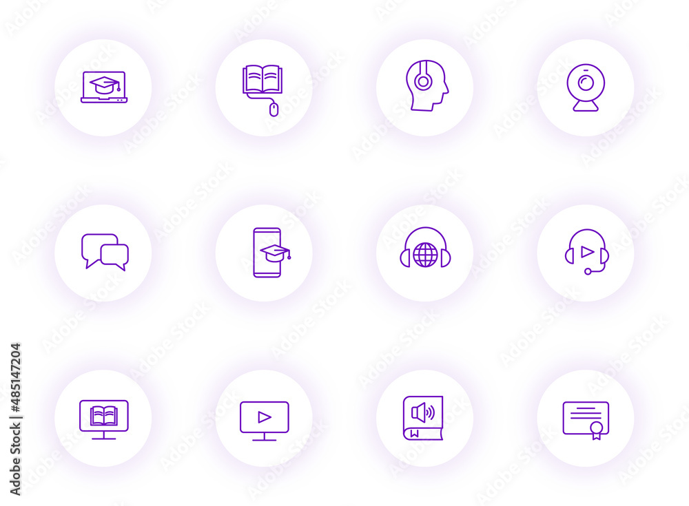 e learning purple color outline vector icons on light round buttons ...