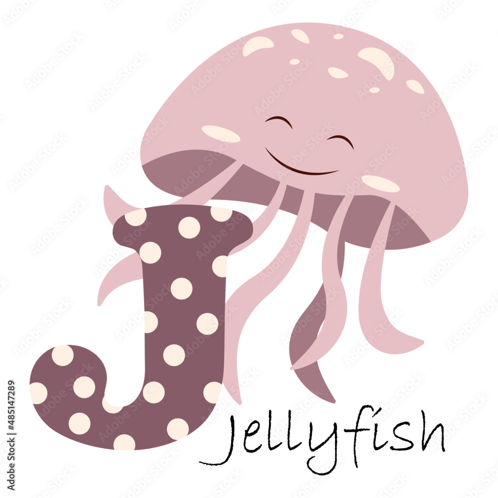 Illustration for the English alphabet with the image of a jellyfish ...