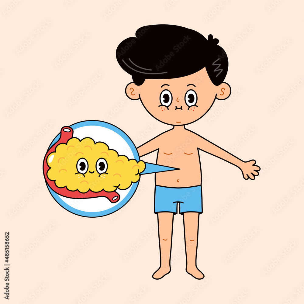 Man with pancreas icon in a bubble. Vector hand drawn doodle style ...