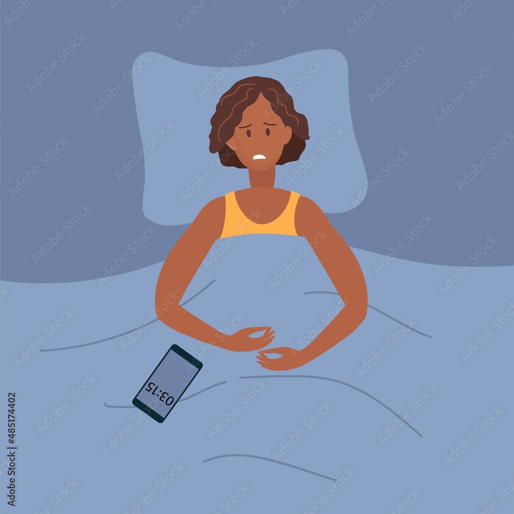 Sad woman lying in bed with eyes open at night. Woman cannot sleep ...