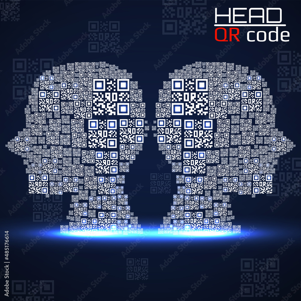 QR code head. Silhouette human heads with qr code. Technology concept ...