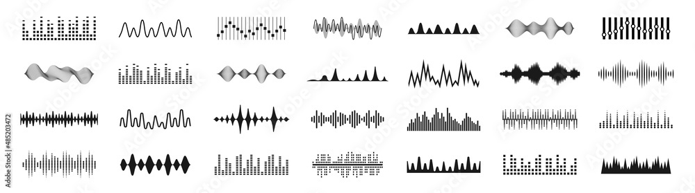 Sound waves icons set. Music frequency. Audio player. Sound equalizers ...
