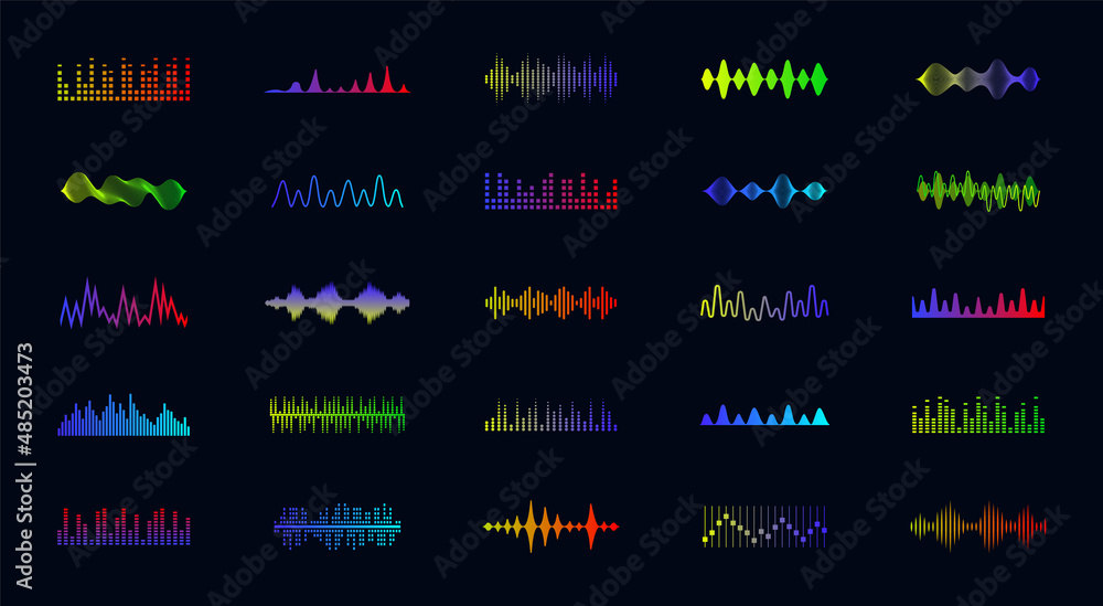Sound waves icons set. Music frequency. Audio player. Sound equalizers ...