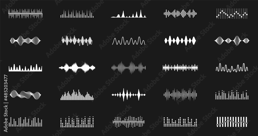 Sound waves icons set. Music frequency. Audio player. Sound equalizers ...