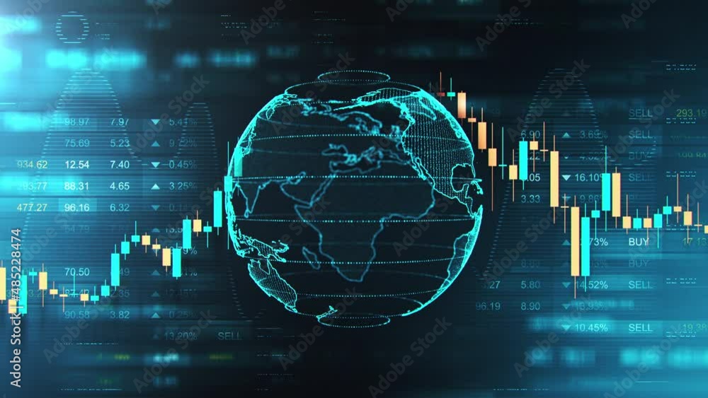 World globe animation with stock market information background ...