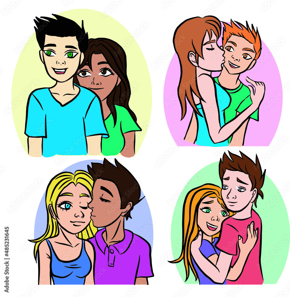 Set of four couples in different half-body poses. Vector art. Stock ...