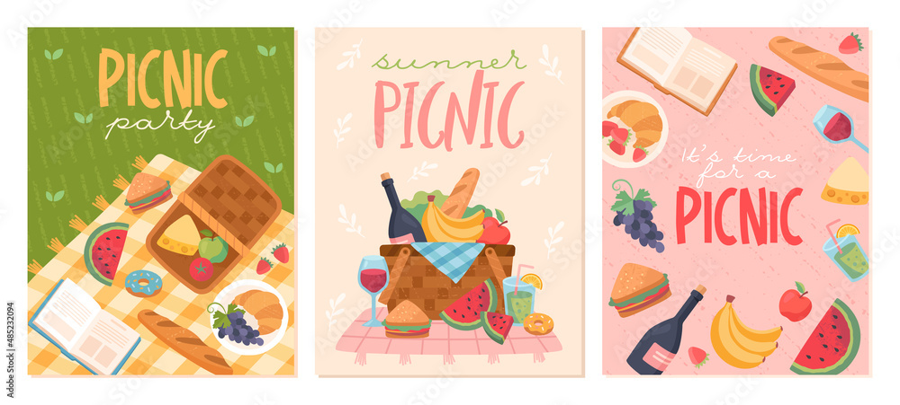Set of Summer picnic poster. Colorful postcards with vegetable, fruit ...