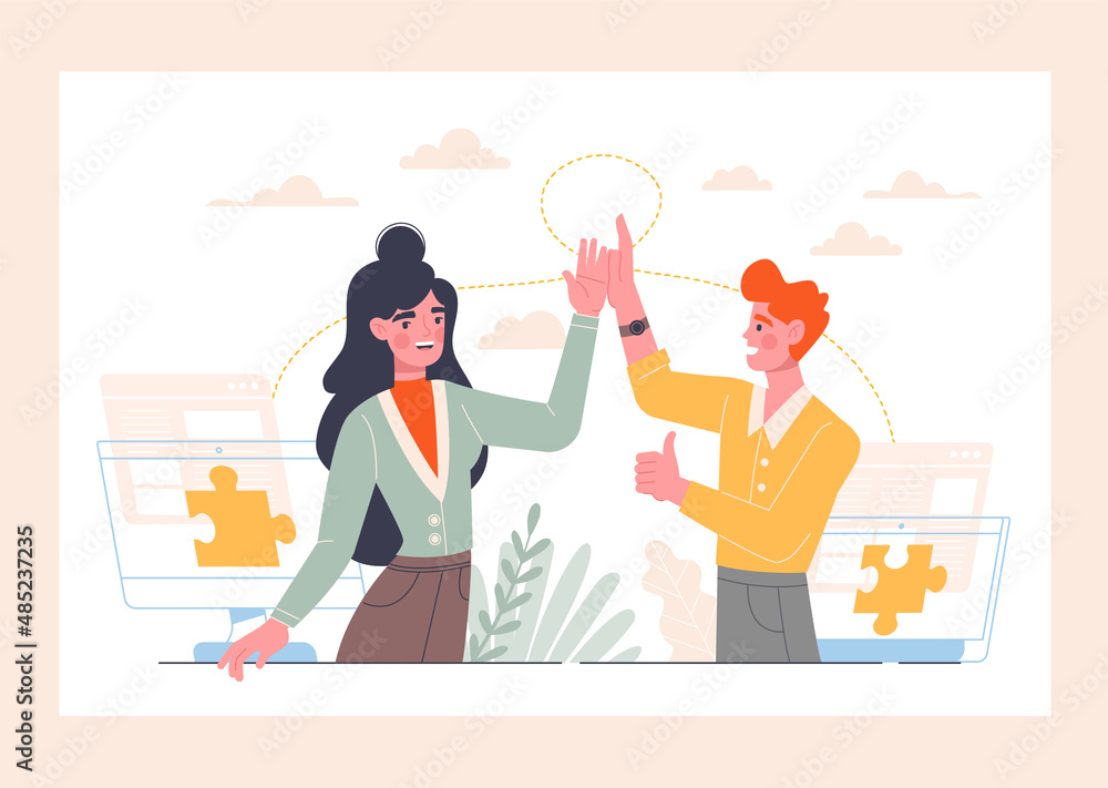 Business collaboration concept. Man and girl give each other five ...