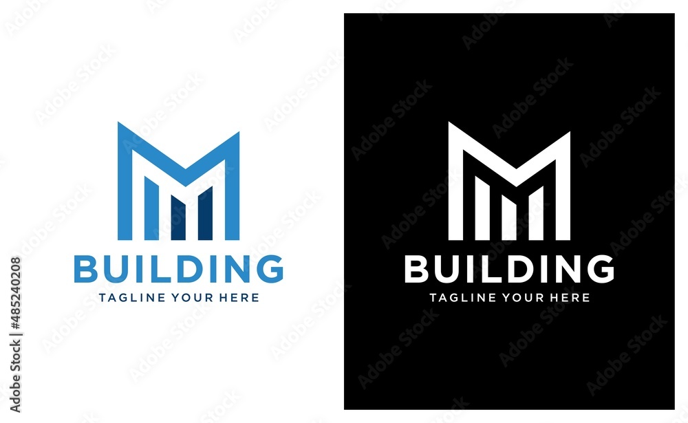 Letter M Building Vector Logo Template on a black and white background ...