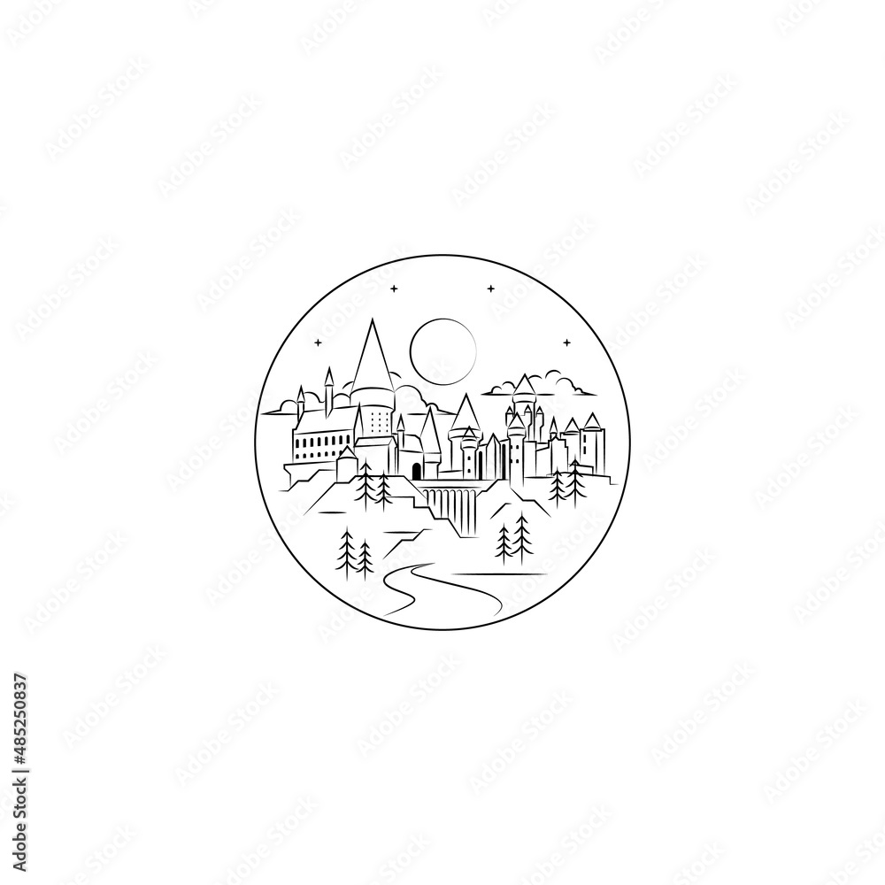 Line art hogwarts castle, harry potter illustration vector icon logo ...