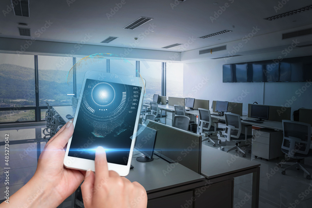 Hand Touching Screen Of Mobile Phone Inside Office Showing Futuristic ...