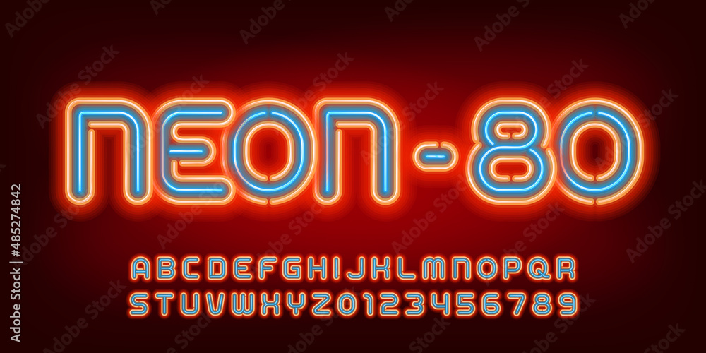 Neon-80 alphabet font. Two color neon light letters, numbers and ...
