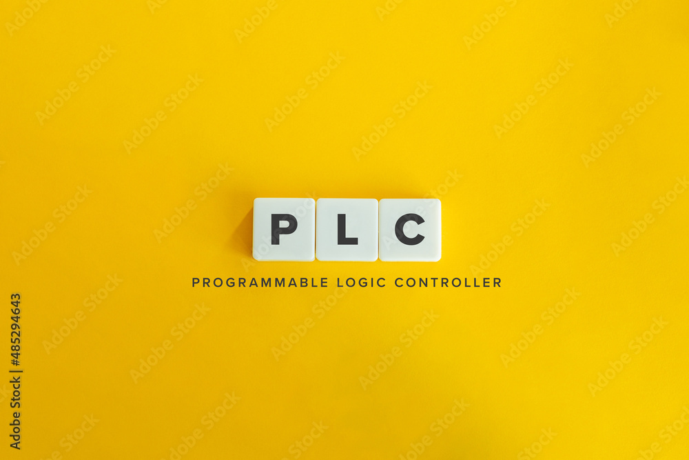 Programmable Logic Controller (PLC) Banner. Letter tiles on bright ...