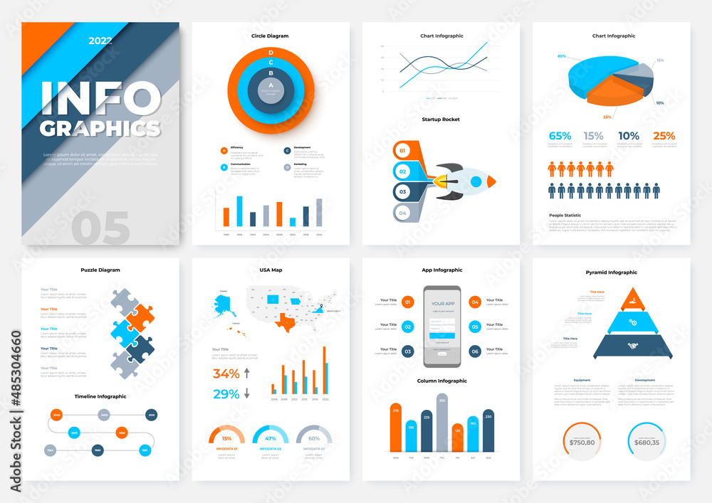 Infographic brochure template. A4 pages with charts, puzzle, map and ...