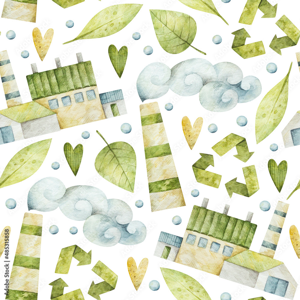 Watercolor eco-friendly, ecology pattern. Eco symbols, symbol of ...