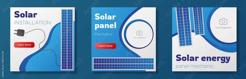 Solar mechanic social media post, square banner set, panel installation ...