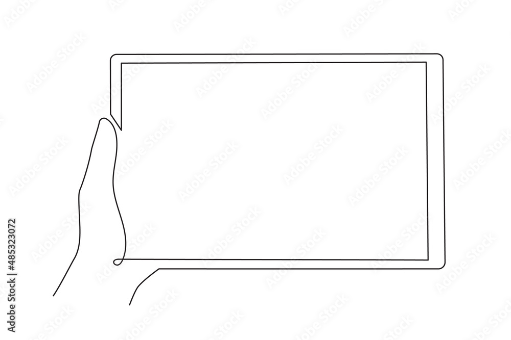 Hand holding tablet, one line art, hand drawn continuous contour ...