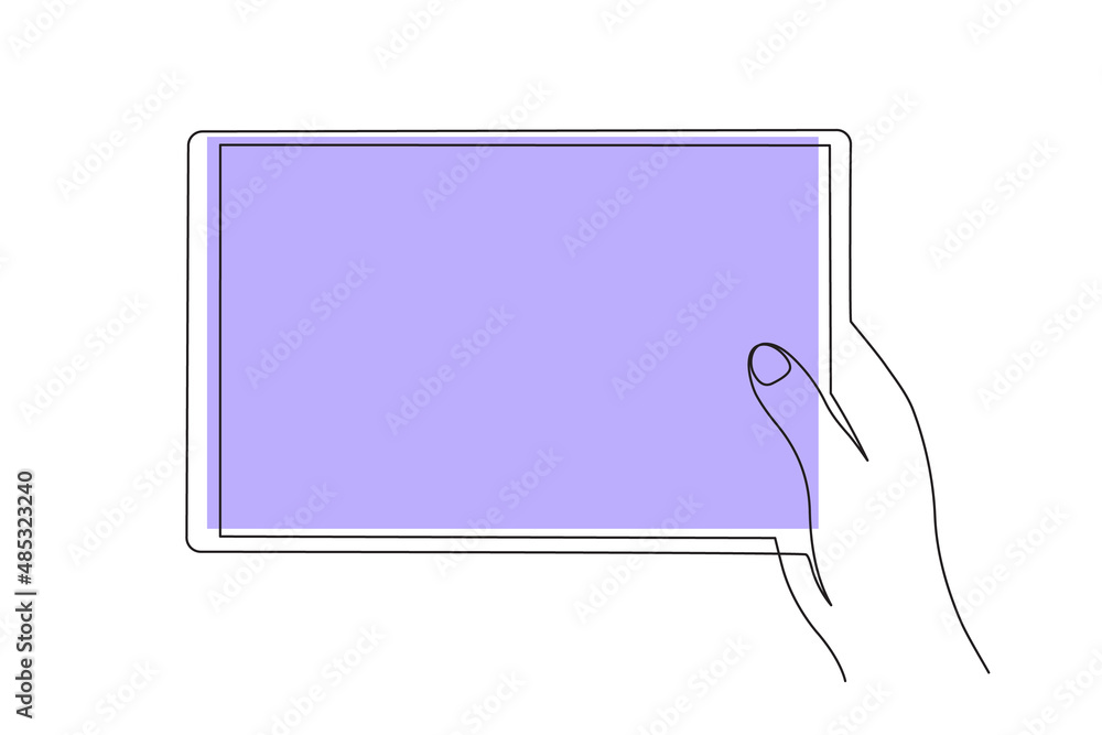 Hand holding tablet, one line art, hand drawn continuous contour ...